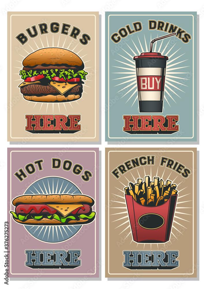 Fast Food Restoraunt Advertising Poster Set, Burgers, Cola, Hot Dogs ...