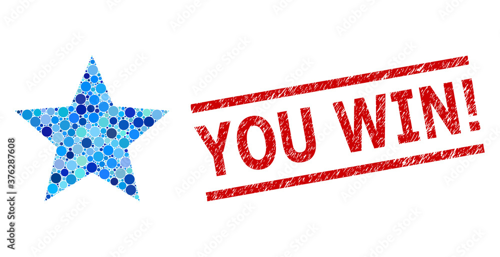 Rounded dot collage red star and YOU WIN! dirty stamp seal. Stamp seal ...
