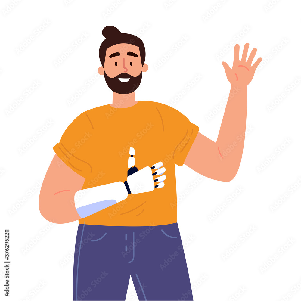 Disabled man presents a prosthesis.Young man with artificial limb ...