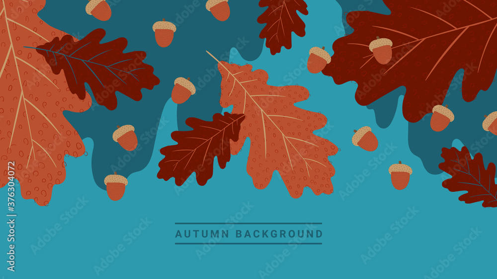 Autumn theme background. Blue wallpaper with oak leaves and acorns ...