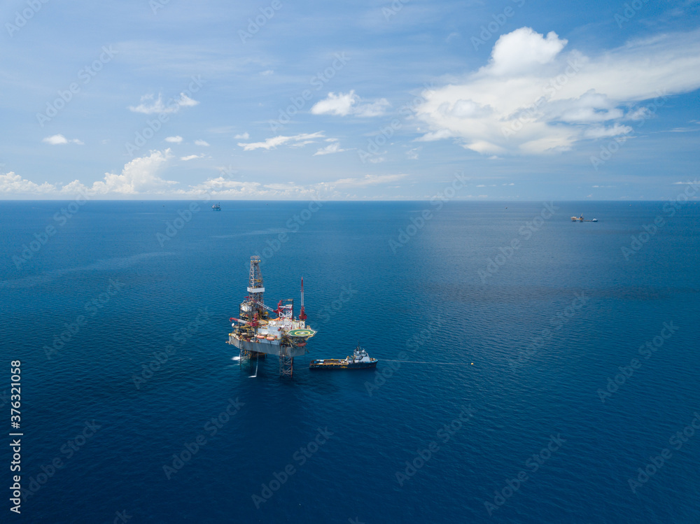 Aerial view from a drone of an offshore jack up rig at the offshore ...