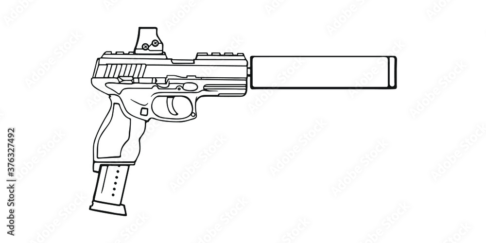 Modern pistol with reflector sight and silencer. Vector Outline ...
