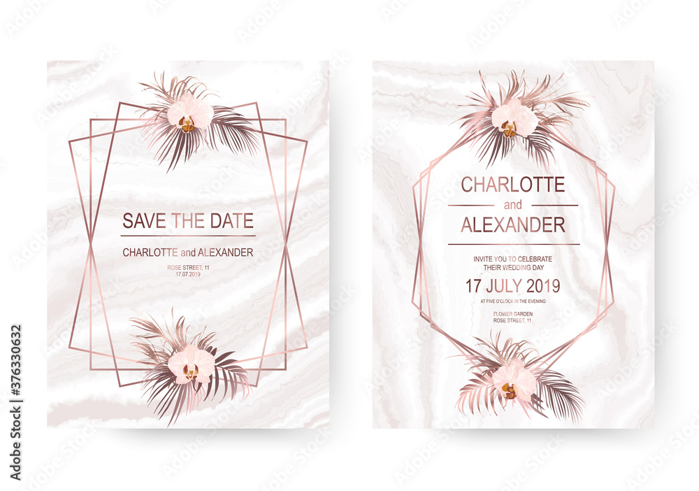 Agate stone texture celebration design cards with rose gold tropical ...