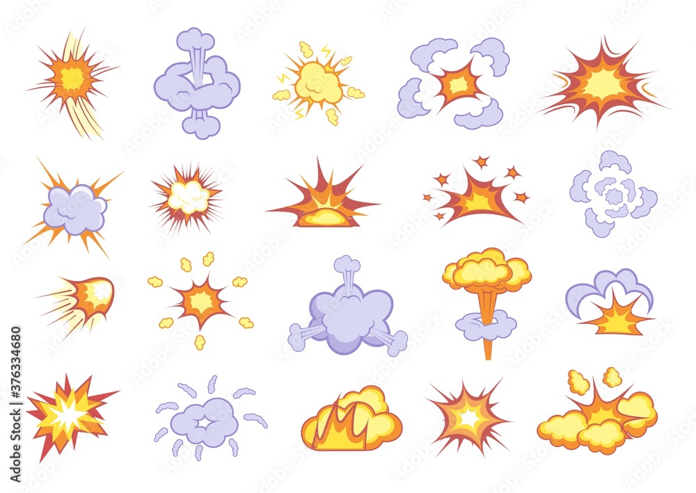 Boom explosion. Blazing flame, burning fire and cloud smog trace from ...