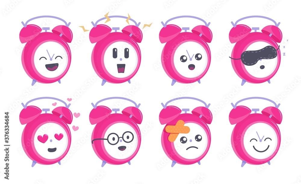 Funny clock. Funny round alarm clock mascot character showing different ...