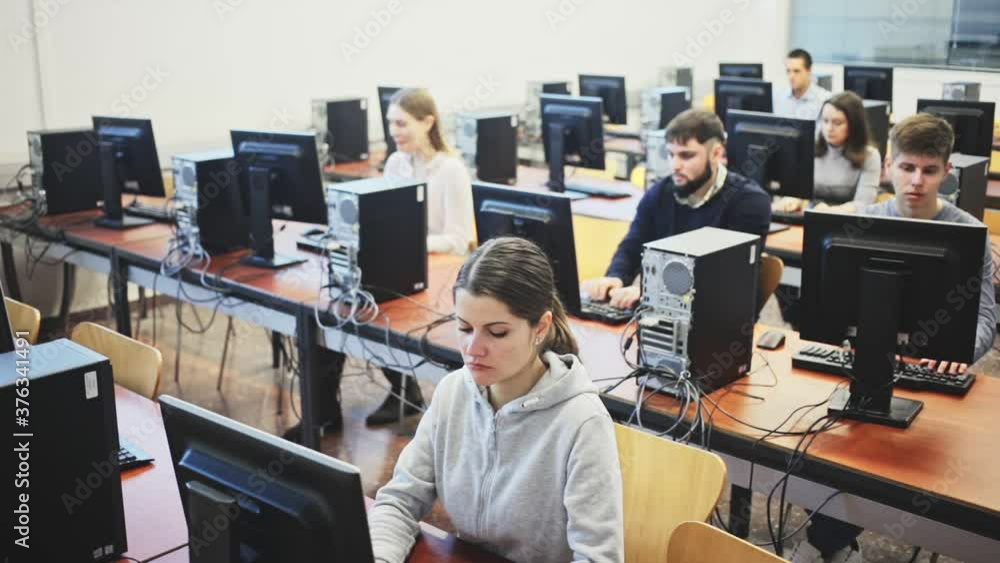 Portrait of female and male students working on computers in classroom ...