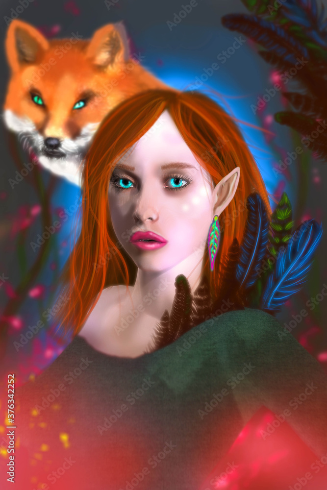 An illustration with a female elf of the forest with a beautiful fox in ...