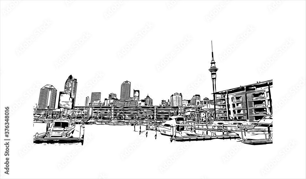 Building view with landmark of Auckland, based around 2 large harbours ...