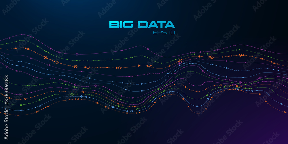 Big data visualization. Wavy stream of particles. Wavy stripes of data ...