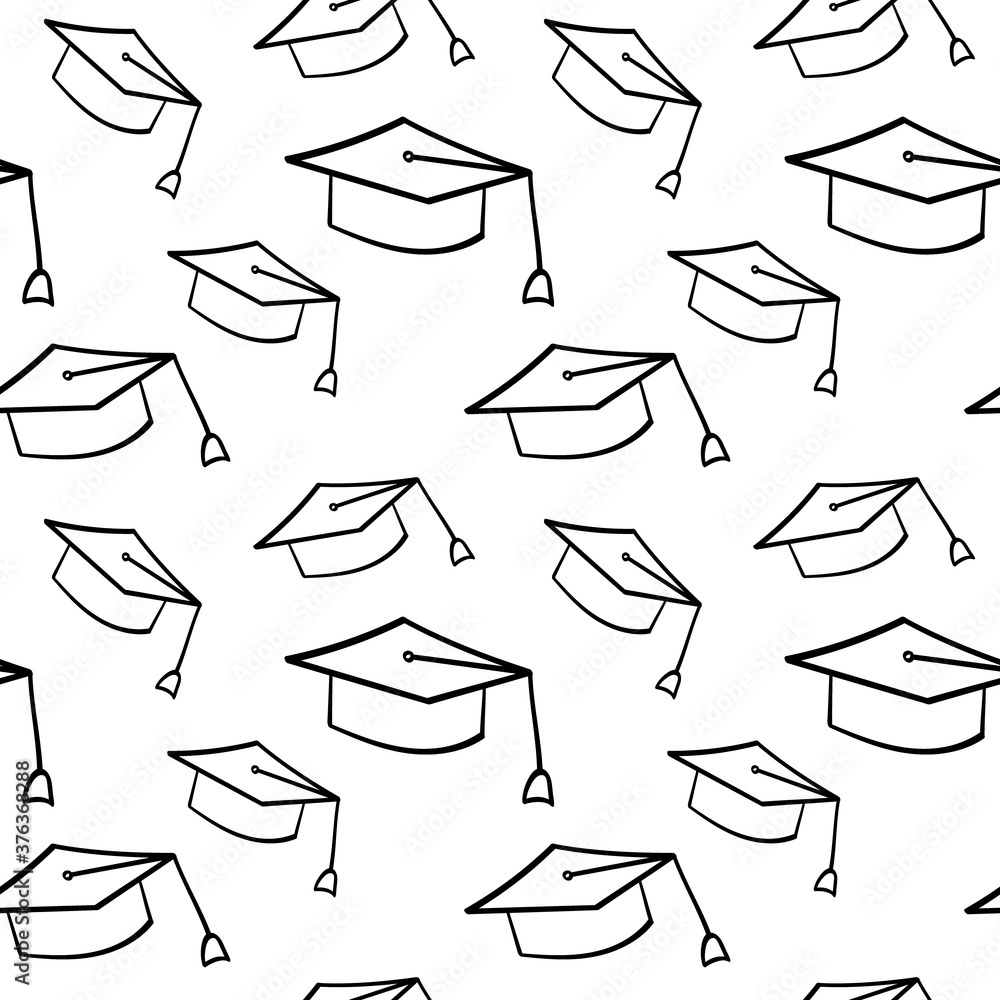 Graduate cap seamless pattern. Outline hand drawn objects on white ...