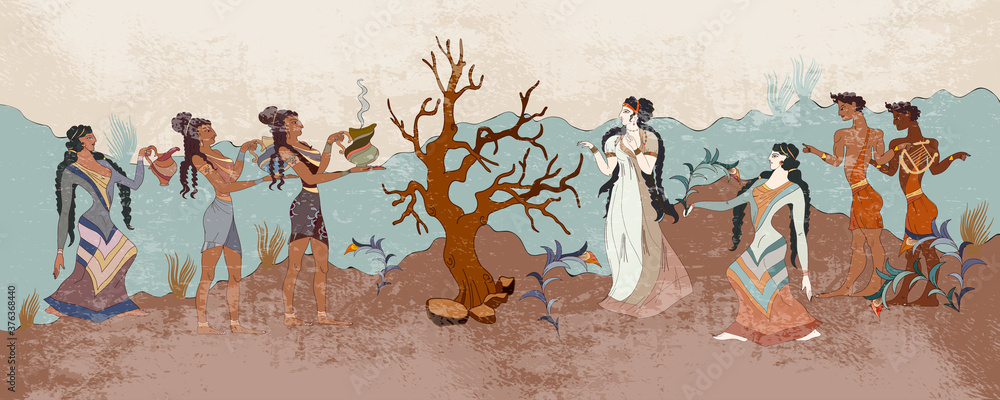 Minoan civilization concept. Ancient Greece frescos. Ancient Crete ...