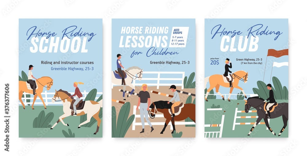 Collection of colorful posters for horse riding school or lessons for ...