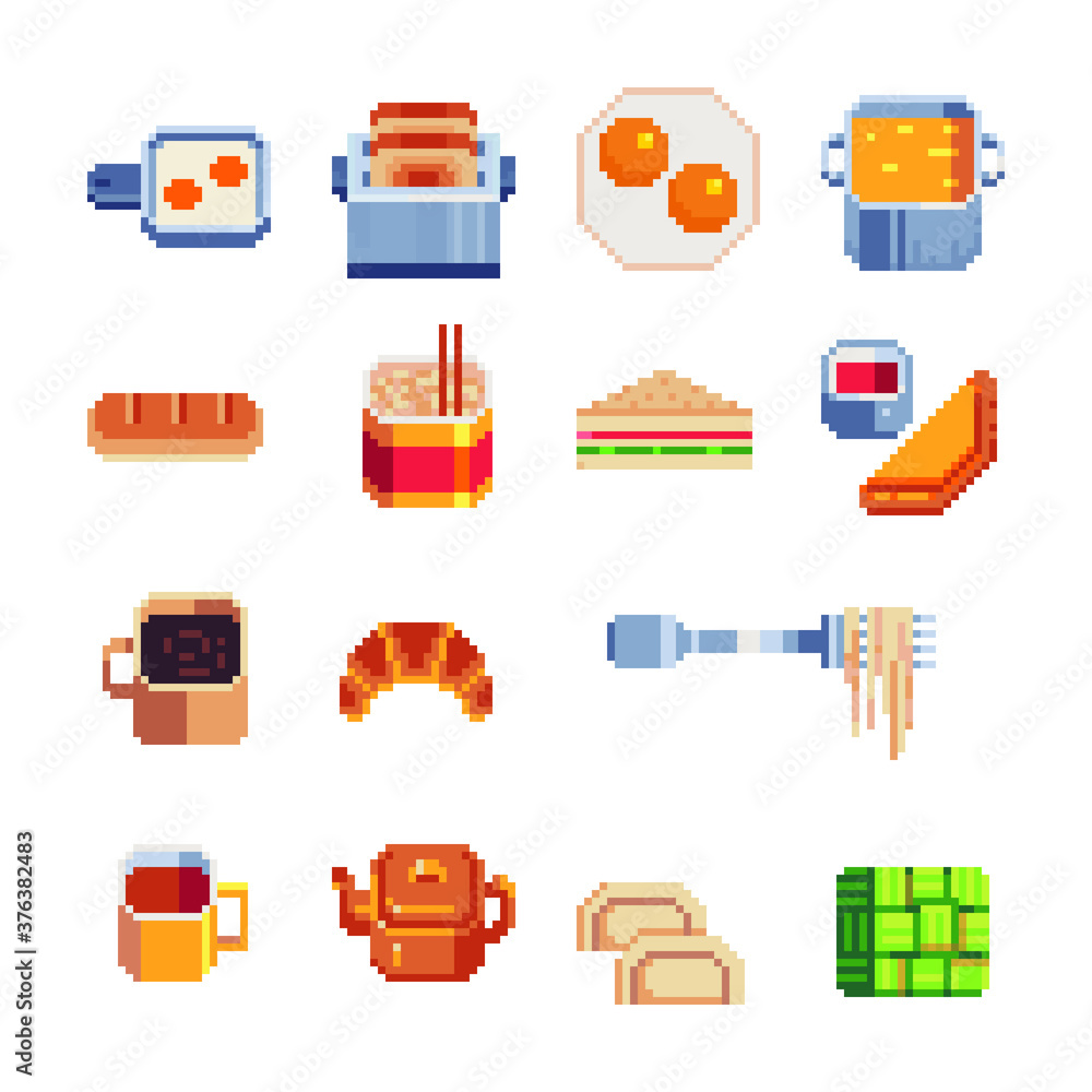 Food pixel art icons. Fast Food, pizza, noodles, scrambled eggs, toast ...