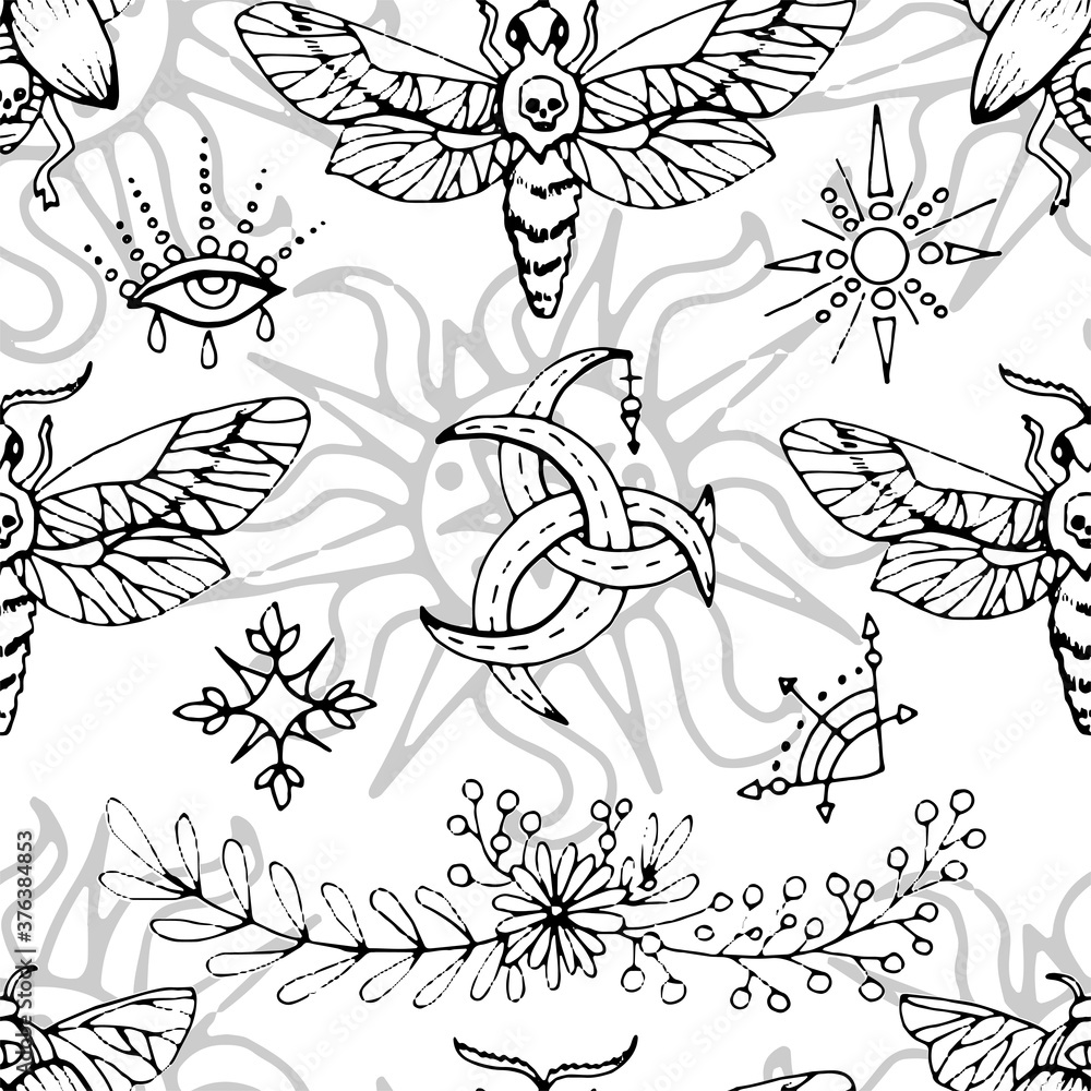 Seamless pattern with mysterious symbols, moth and magic objects on ...