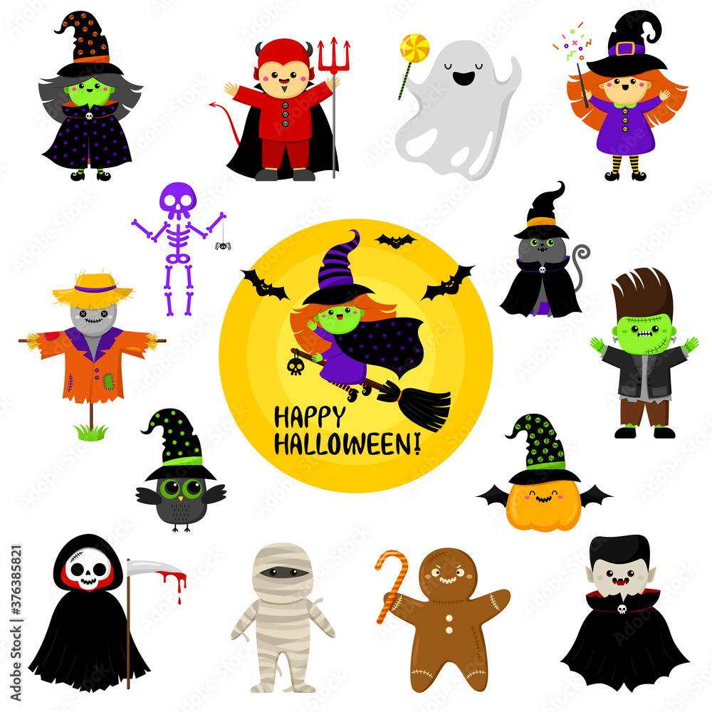 Cute Halloween characters in cartoon style. Set. Children in festive ...