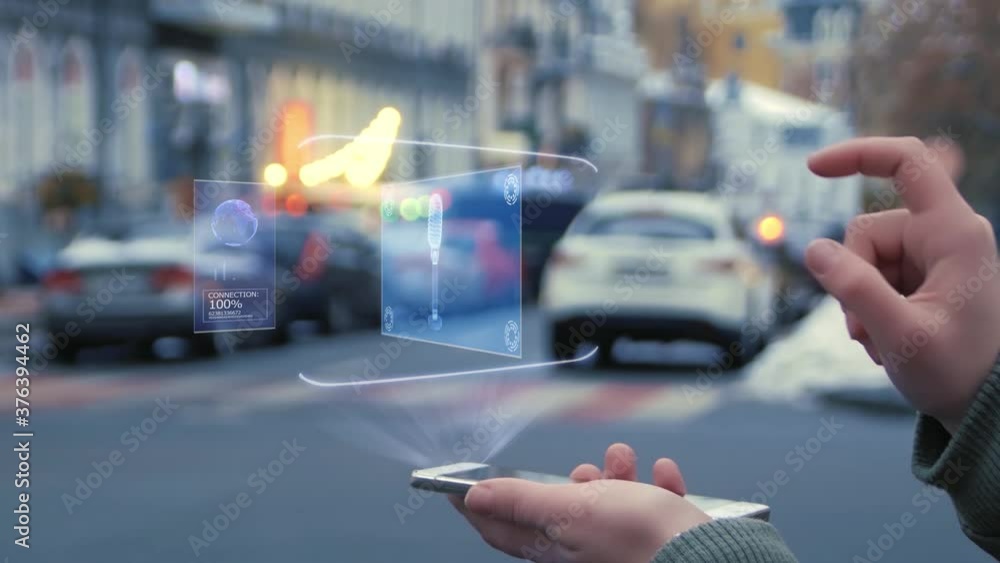 Vidéo Stock Female hands on the street interact with a HUD hologram ...