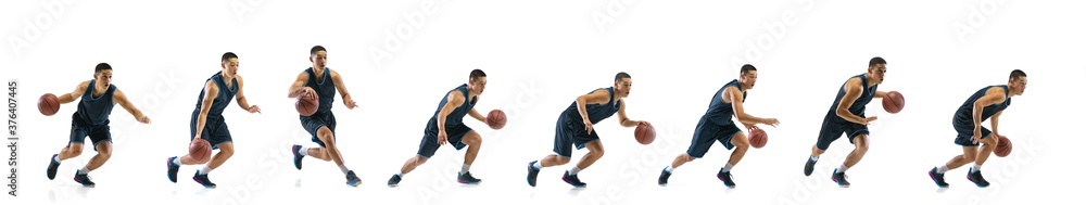 Running on. Young basketball player of team training in action, motion ...