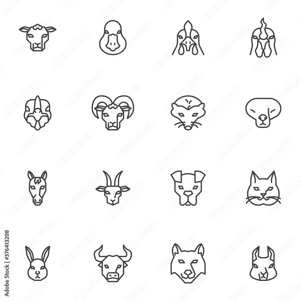 Animal head front view line icons set, outline vector symbol collection ...