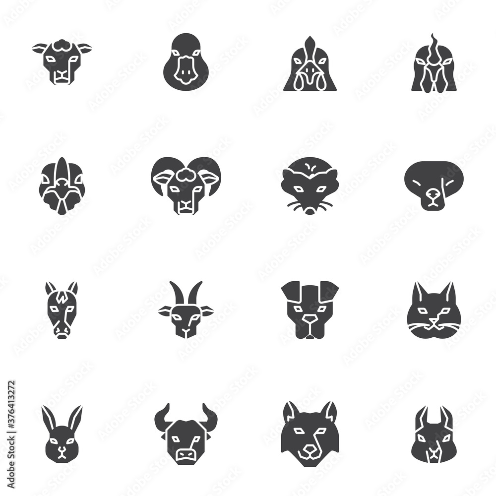 Animal head front view vector icons set, modern solid symbol collection ...