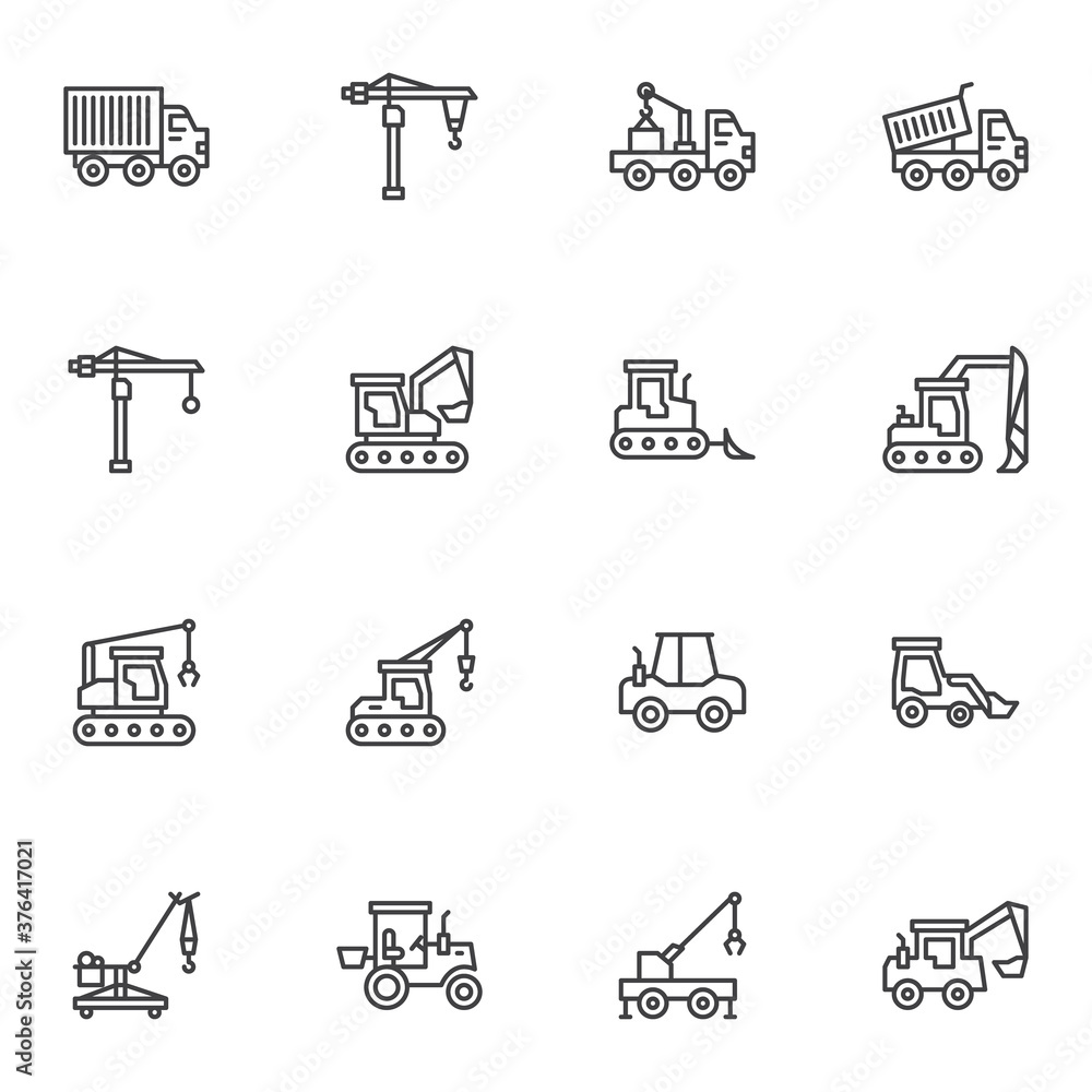 Construction transport line icons set, outline vector symbol collection ...