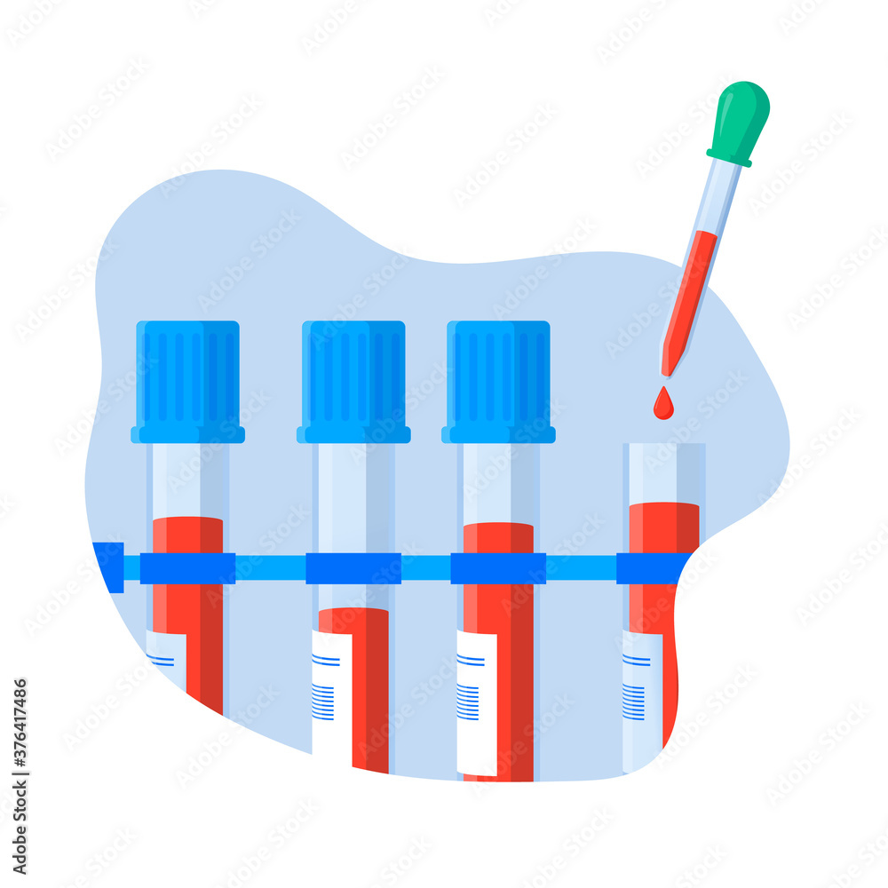 Test tube with blood on rack. Blood samples in glass vials with a bar ...