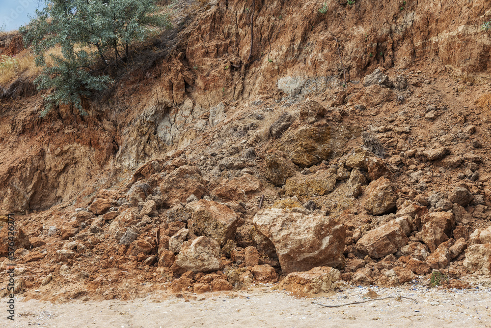 Landslide zone on Black Sea coast. Rock of sea rock shell. Zone of ...