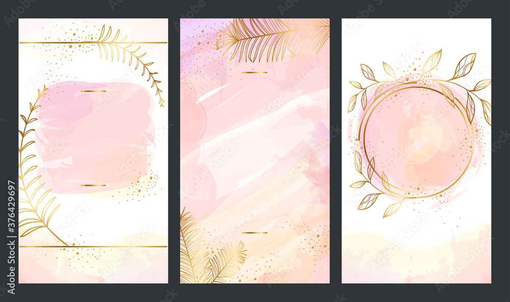 Set of Elegant pink template with gold plants for Stories and streaming ...