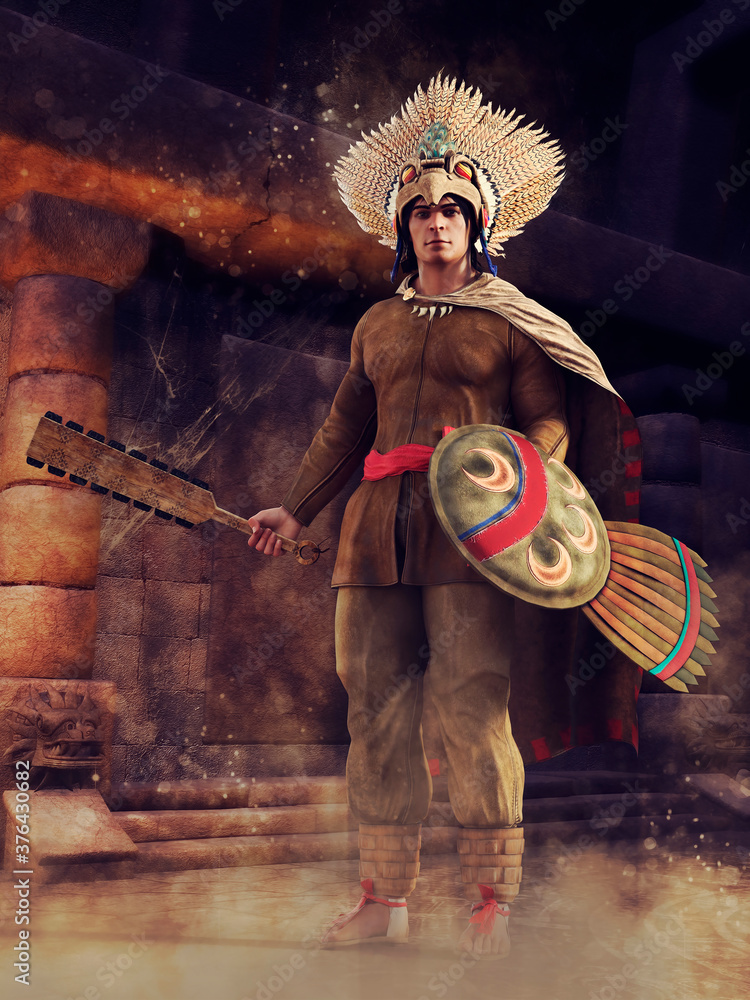 Fantasy Aztec warrior standing with his weapons in an old abandoned ...