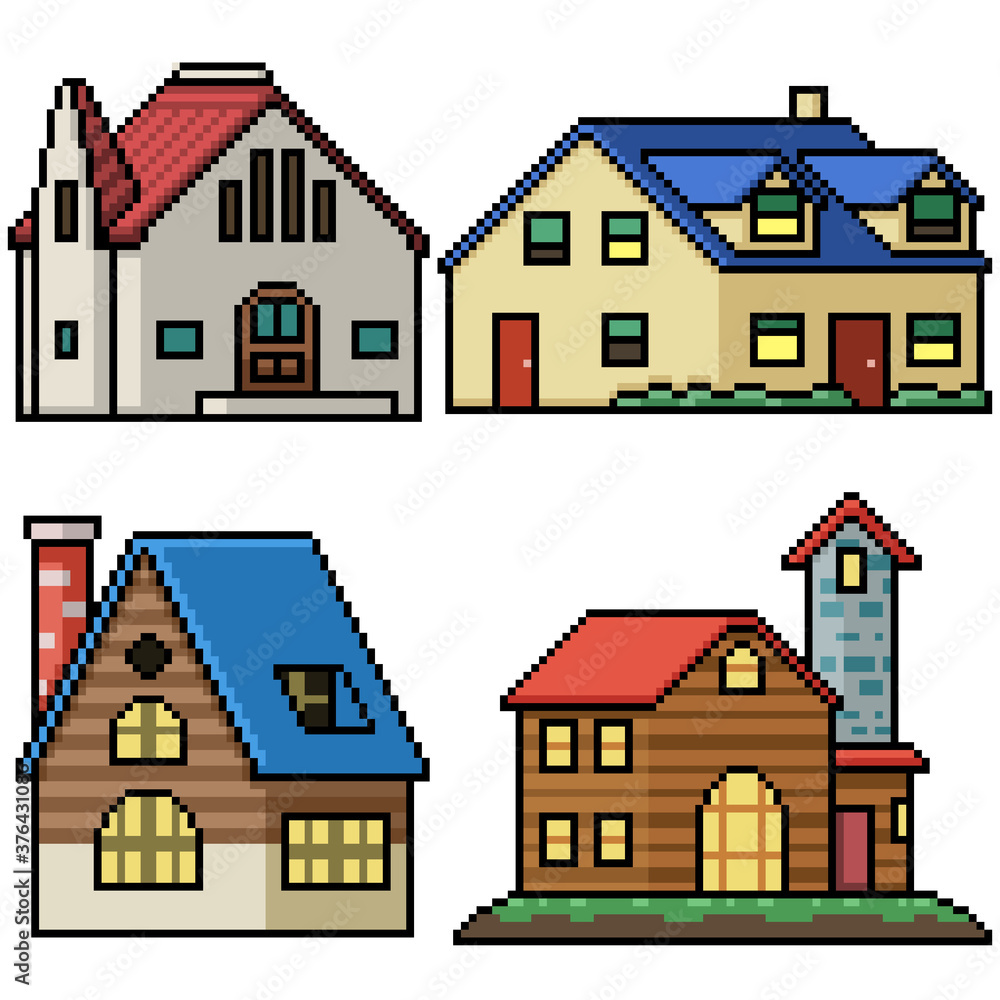 pixel art set isolated village house Stock Vector | Adobe Stock