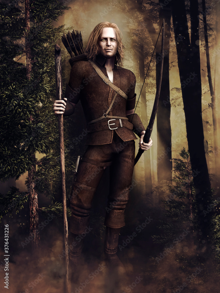 Fantasy scene with a hunter holding a bow and a staff and standing in ...