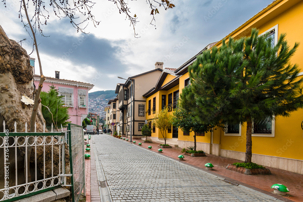 Colorful old Ottoman Houses view in Bursa City. Bursa is populer ...