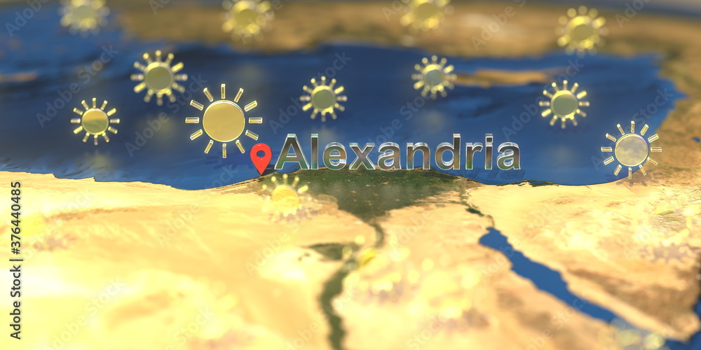 Alexandria city and sunny weather icon on the map, weather forecast ...