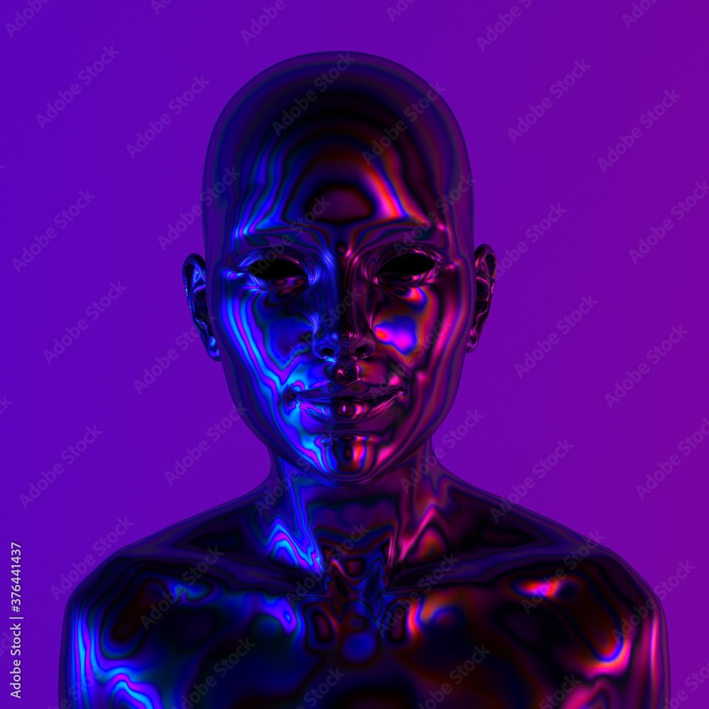 Robot or Artificial Human made of black plastic material in neon lights ...