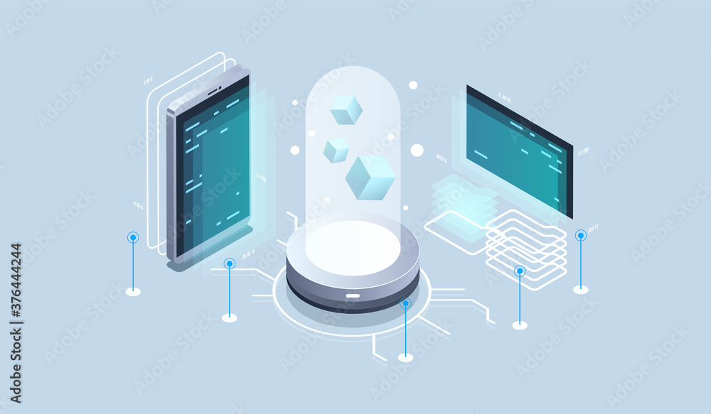 big data processing, data center warehouse, data science, server room. Tech visualization ...