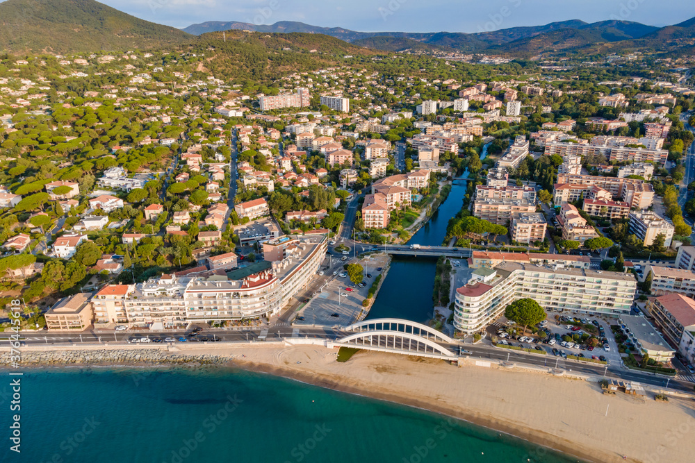 Aerial view of Sainte-Maxime seafront and its famous bridge in French ...