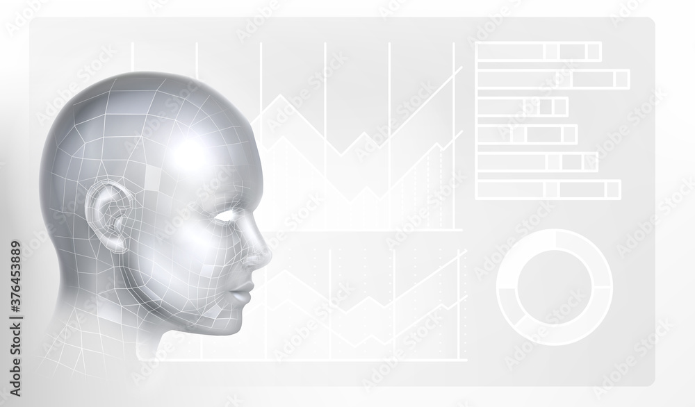 Technology cyber face background concept. A digital 3d head in profile ...