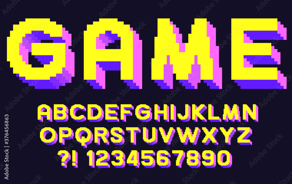 Pixel 3d retro font Video computer game design 8 bit letters and ...