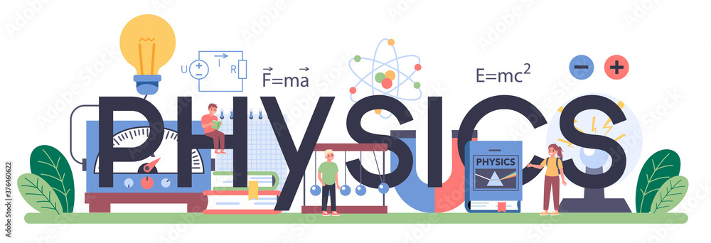 Physics school subject typographic header. Scientist explore ...