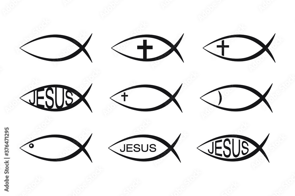 Set of Jesus Fish icons, Christian Ichthys Fish symbol icon Stock ...
