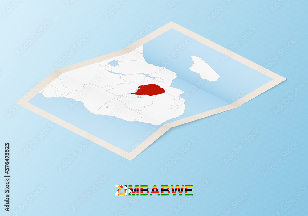 Folded paper map of Zimbabwe with neighboring countries in isometric ...