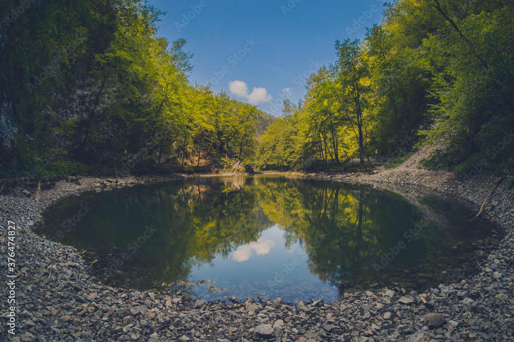 A round small lake called Divje jezero in Slovenia, surrounded with ...