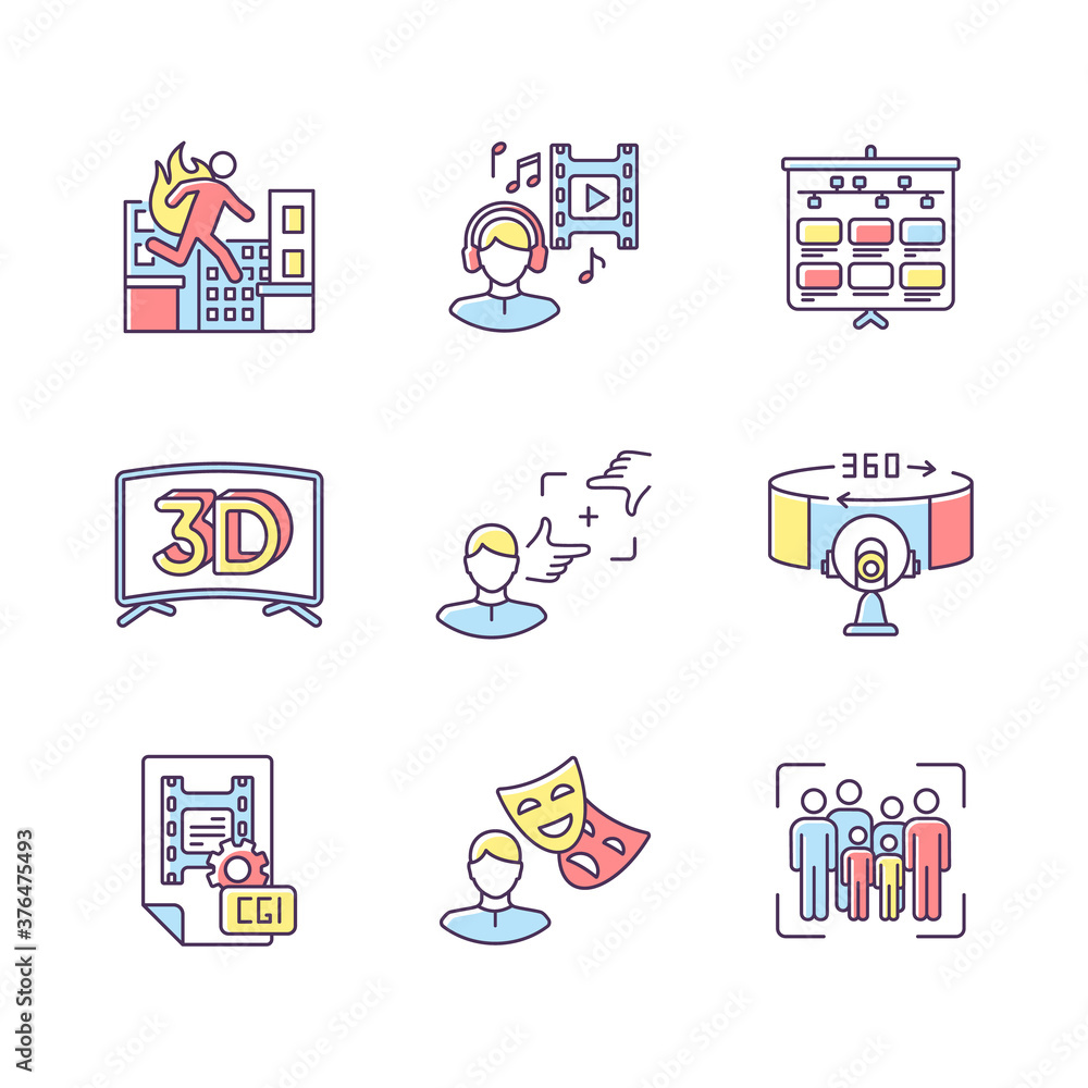 Film making RGB color icons set. Visual development for movie. Special ...