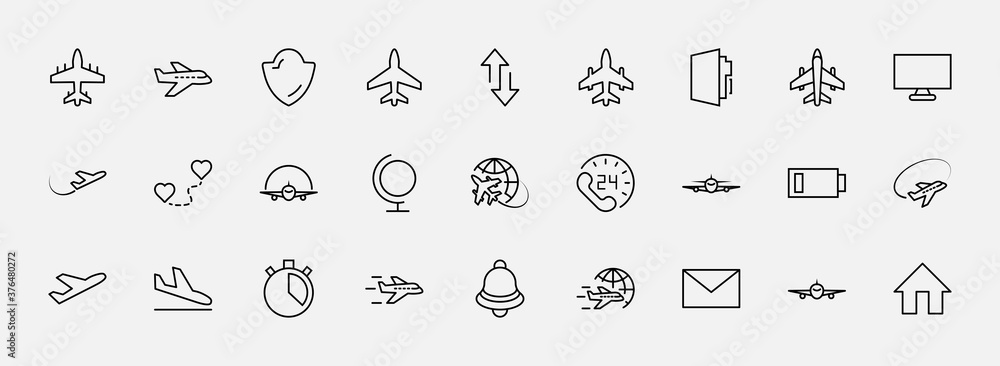 Set of Plane vector line icon. It contains symbols to aircraft, globe ...