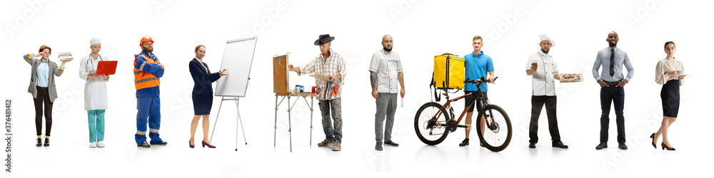 Group of people with different professions on white studio background ...
