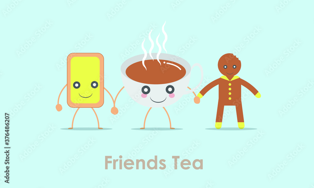 cartoon character friends tea Hold hands with toast and cookie vector ...