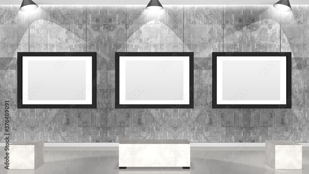 Art museum wall with three horizontal frames, decorative illumination ...