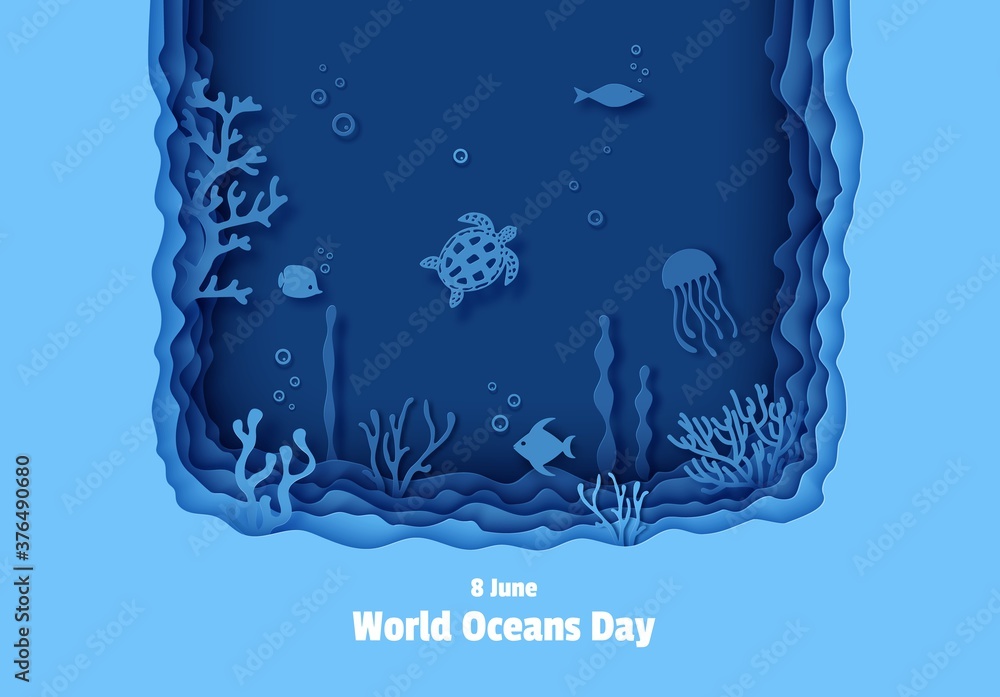 Paper craft layered background under ocean cave with fishes coral reef ...