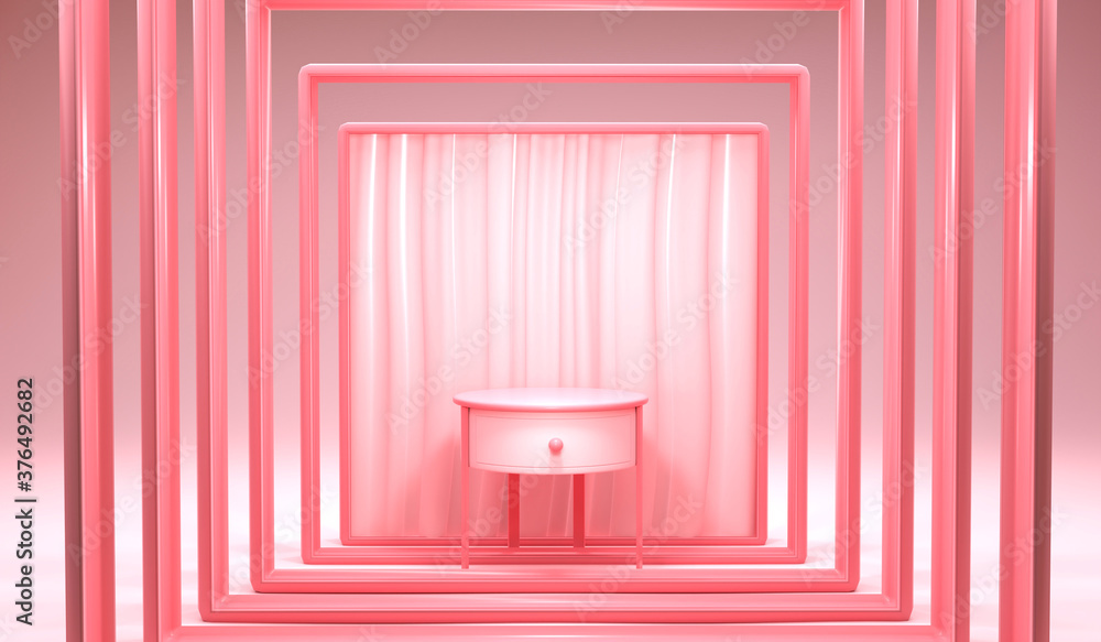 Pink rounded table podium surrounded with pink square frame, mockup can ...