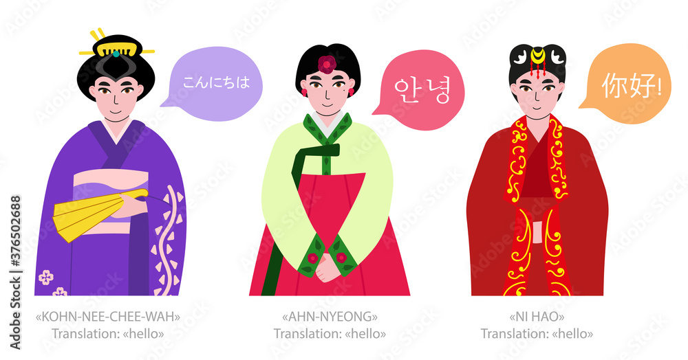 Chinese, Korean, Japanese, women, saying hello in different languages ...