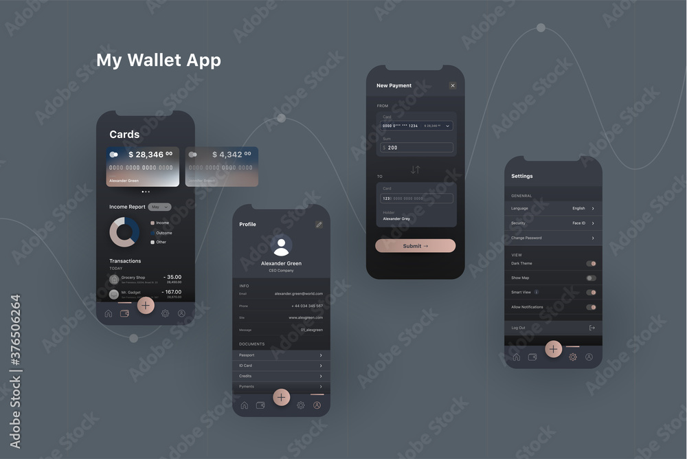 My wallet mobile application screens layout, user interface of cards ...